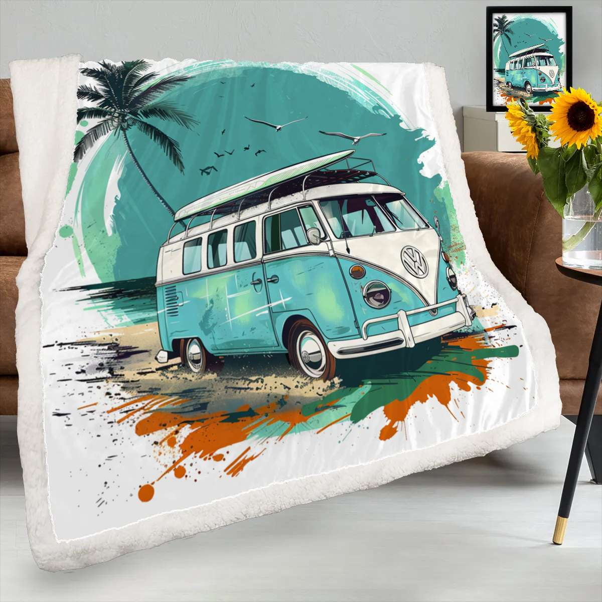 Camper Van Palm Trees Sherpa Blanket Throw Blanket For Bed Chair Sofa ...