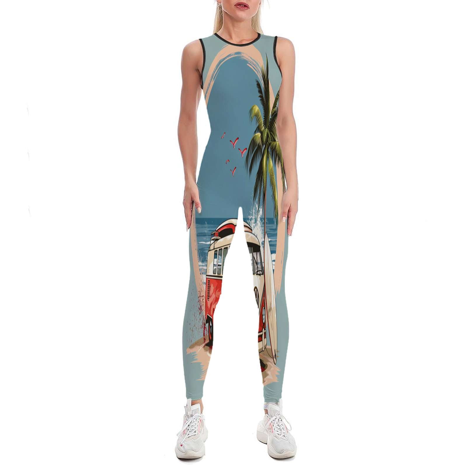 Camper Van Palm Trees Women's One Piece Yoga Jumpsuits Leggings ...