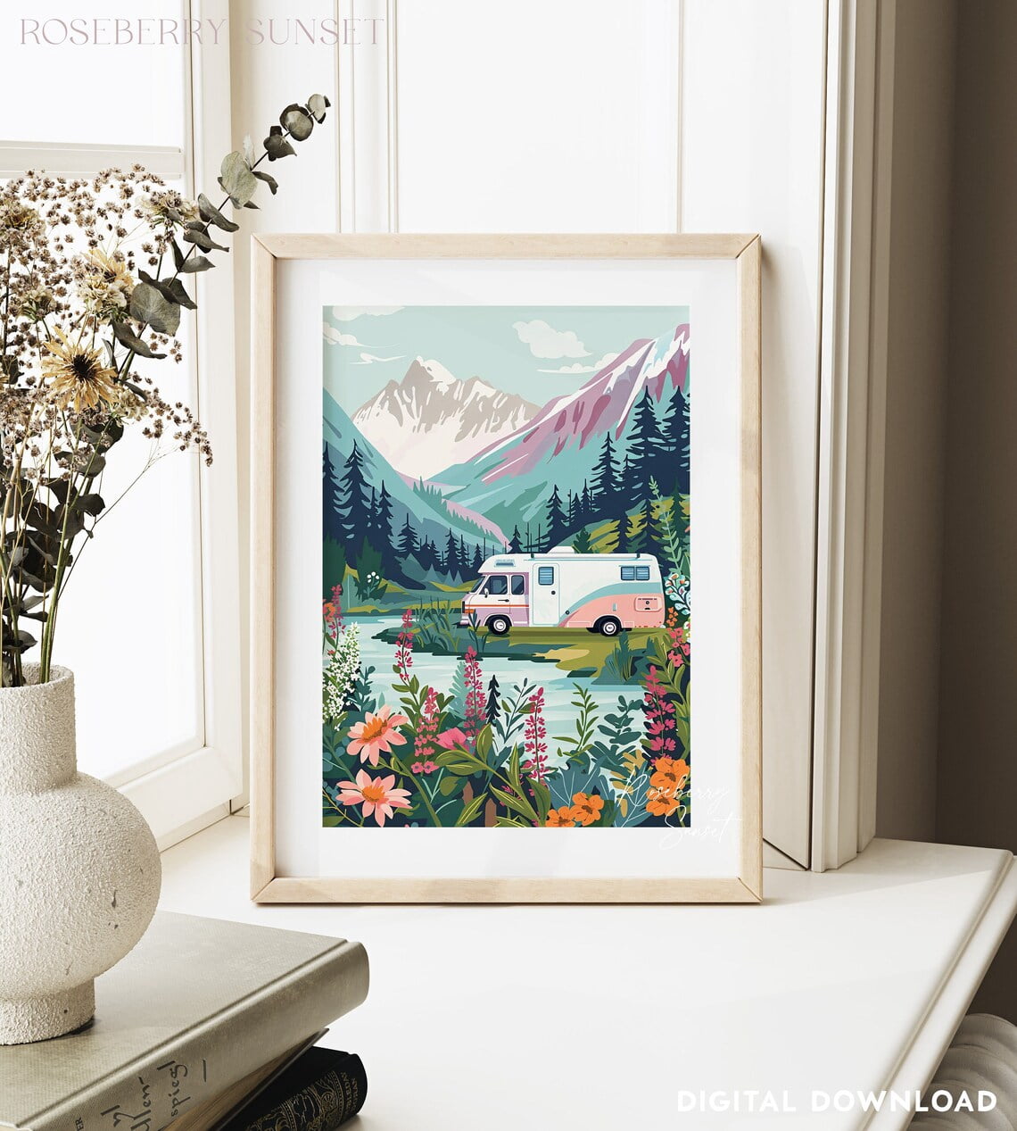 Camper Van Spring Wildflower Lake Mountain Landscape Art Print, Retro ...