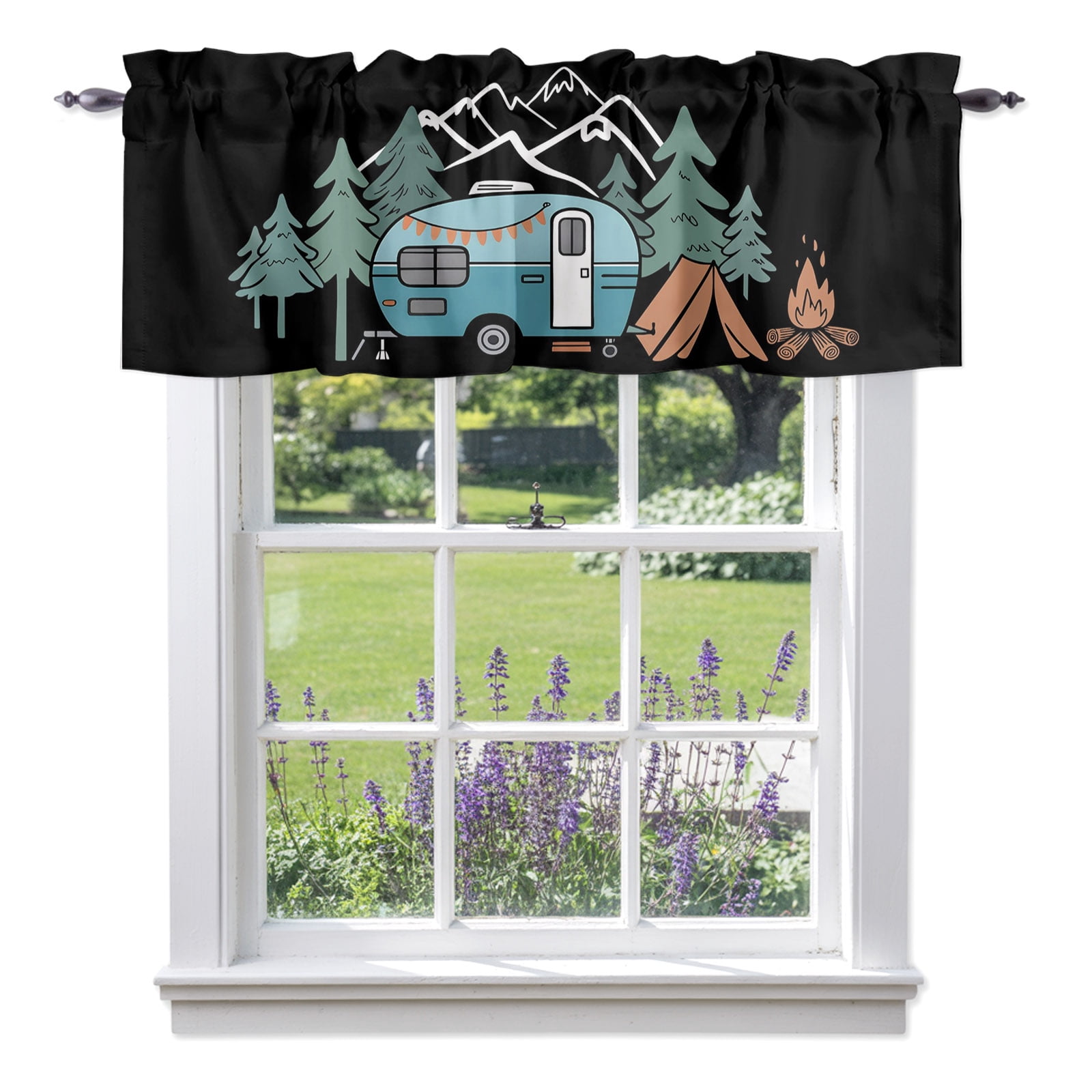 Camper Window Valance for Kitchen, Home Mountain Pine Trees Tent Forest ...