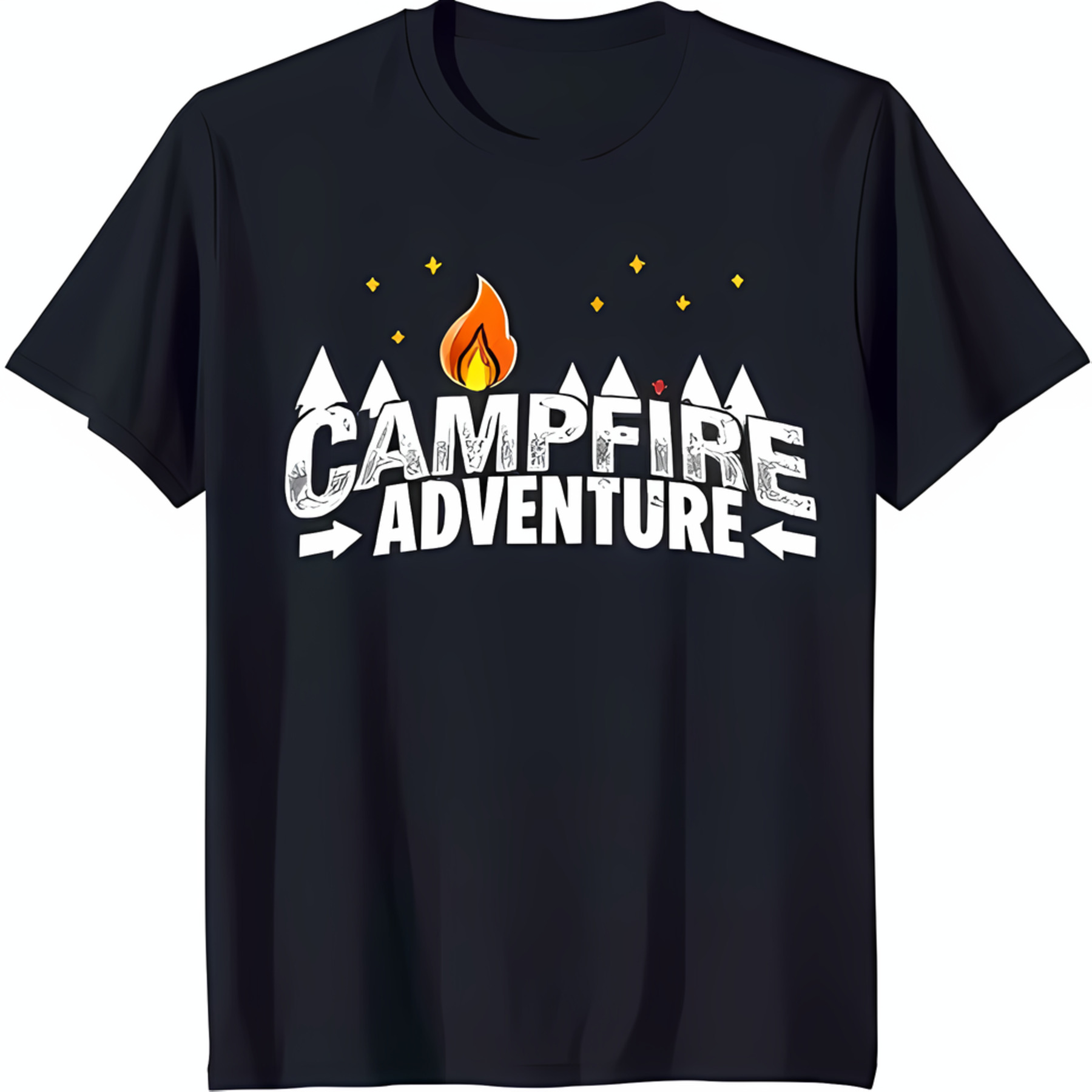 Campfire Adventure Black T-Shirt with Bold White Graphic & Pine Trees ...