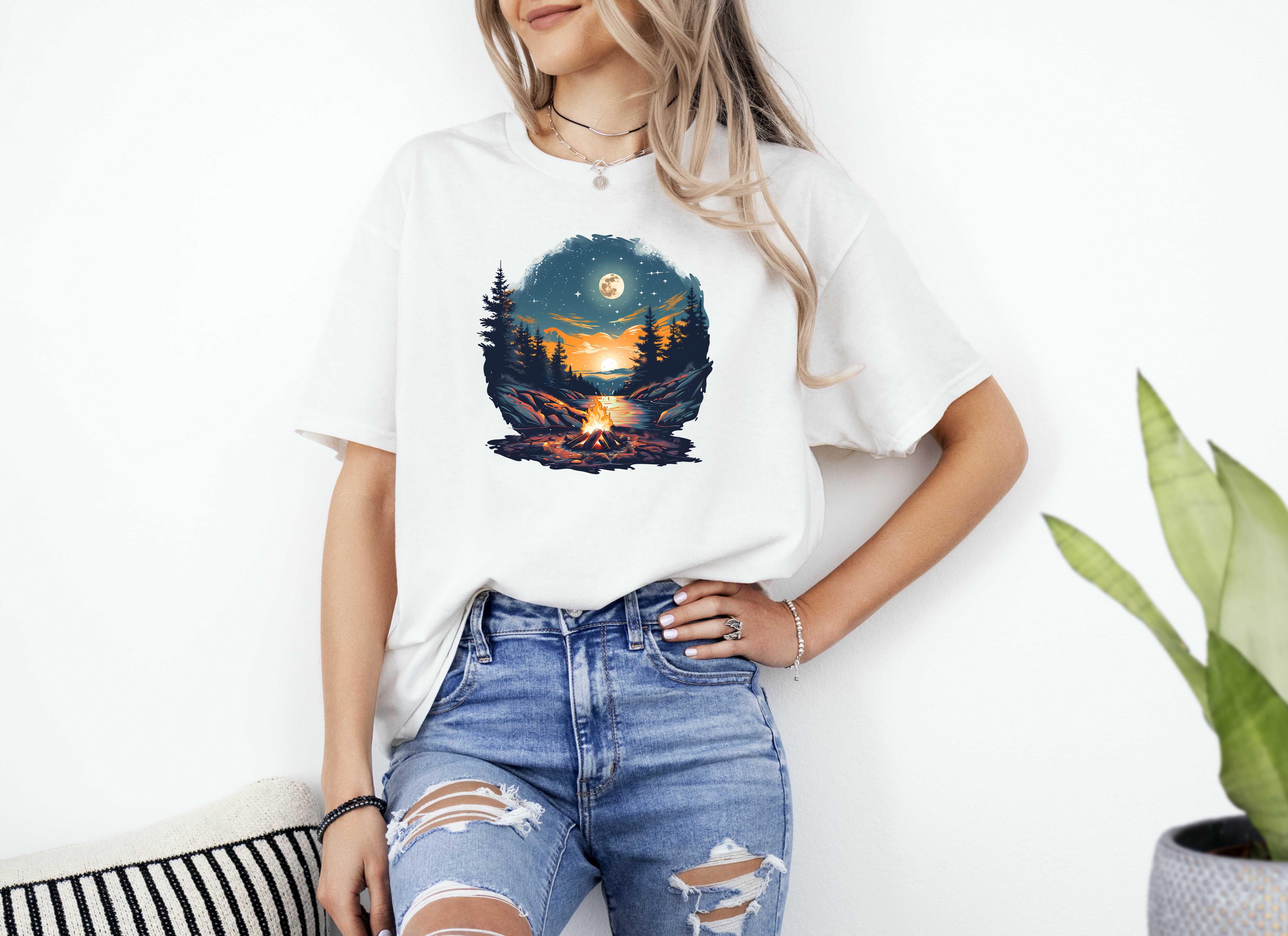 Campfire By The Lake Under Night Sky Fun Summer Outdoor Adventure T-Shirt, for men & women, up ...