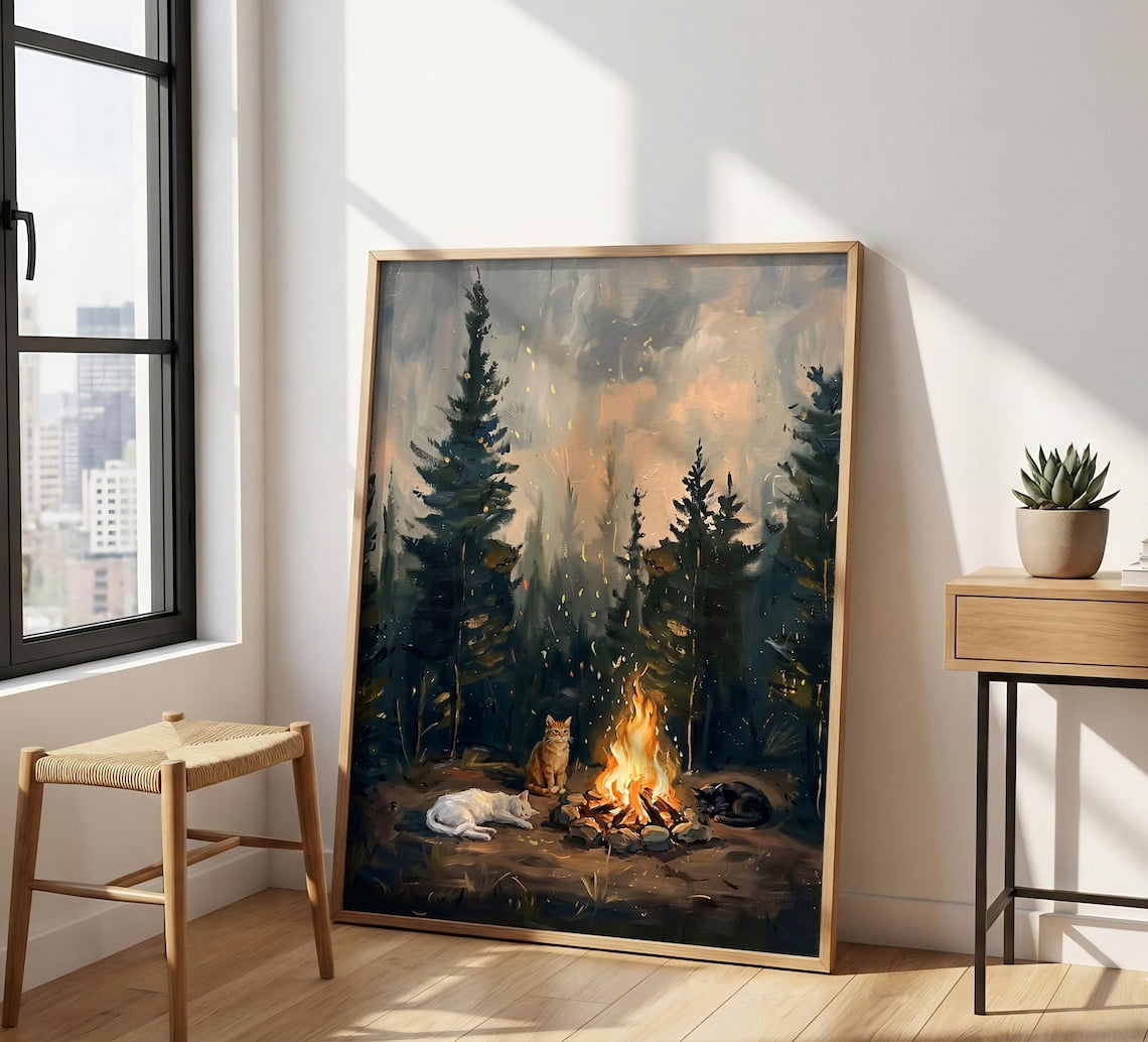 Campfire Cats Moody Forest Animal Rustic Cabin Cozy Pine Tree Cat Lover ...