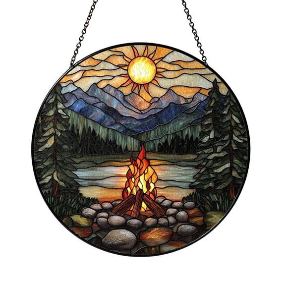 Campfire Mountain Sunset Stained Glass Style Suncatcher Window Hanging ...