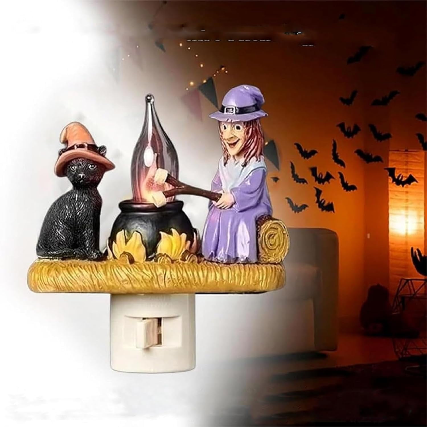 Campfire Nightlight 1PC Witch and Cat Flickering Night Light 2024 ...