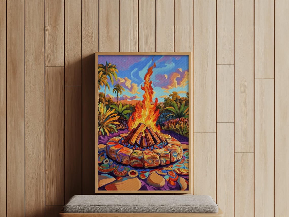 Campfire Palm Tree Tropical Sunset Bonfire Wall Art Poster, Unframed ...