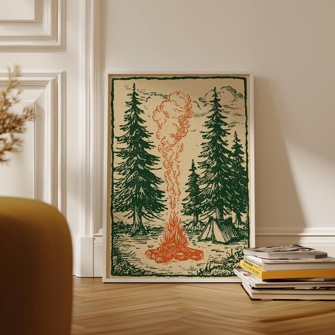 Campfire Retro Linocut Forest Vintage Camping Nature Wall Decor ...