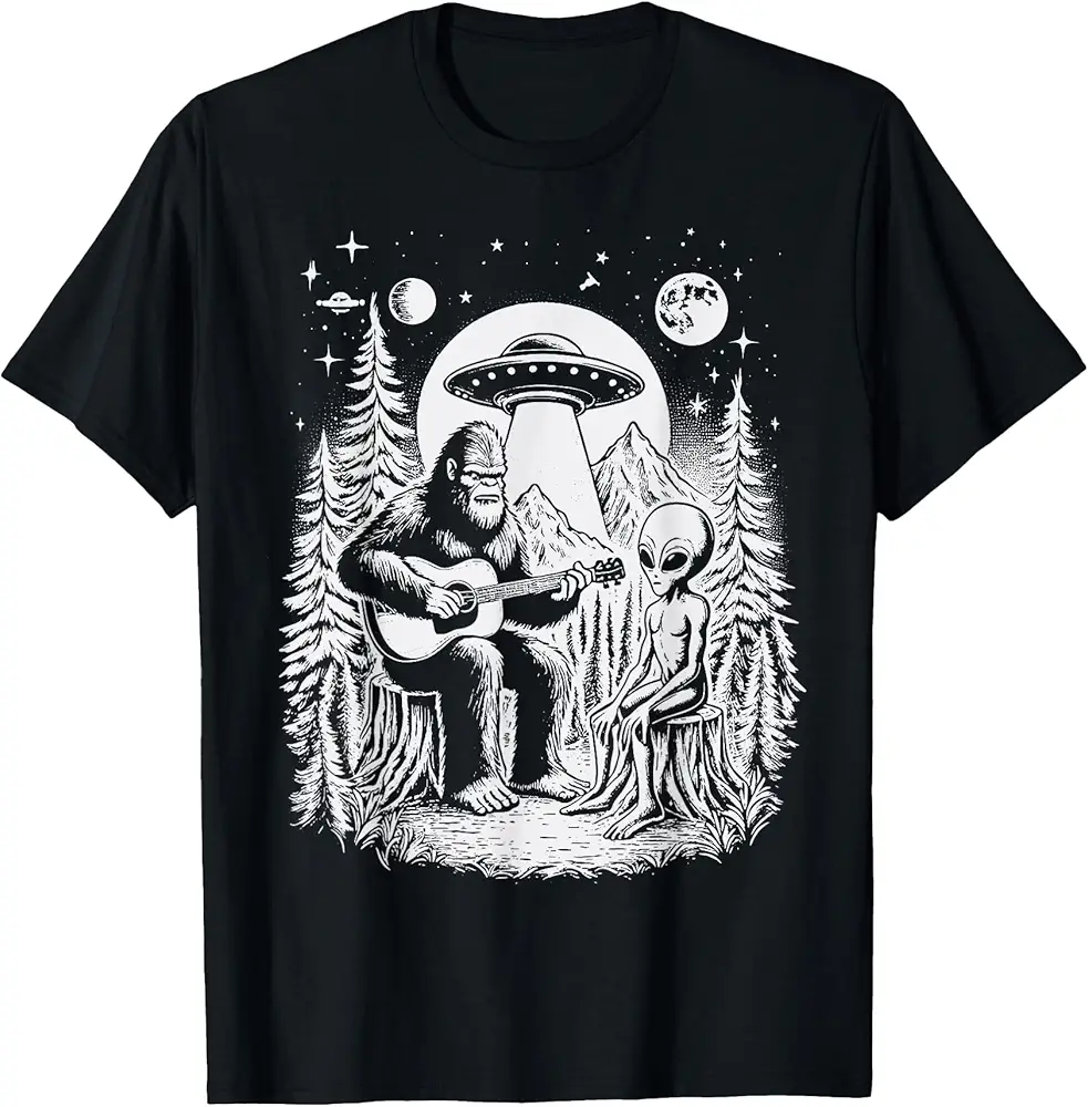 Campfire Scene Cryptids and UFO Retro Outdoor Adventure Night Theme T ...