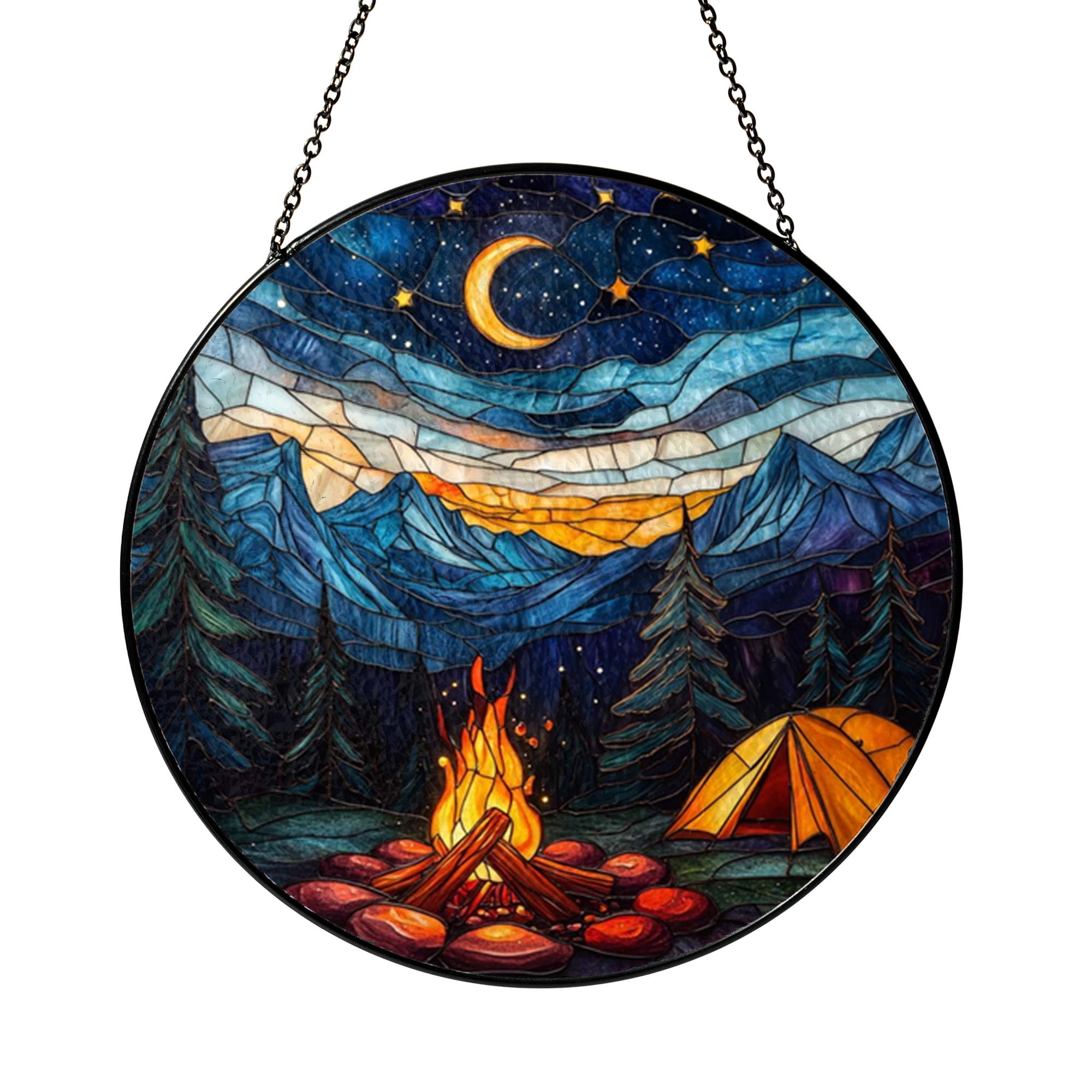 Campfire Under Starry Sky Stained Glass Style Suncatcher, Forest Night ...