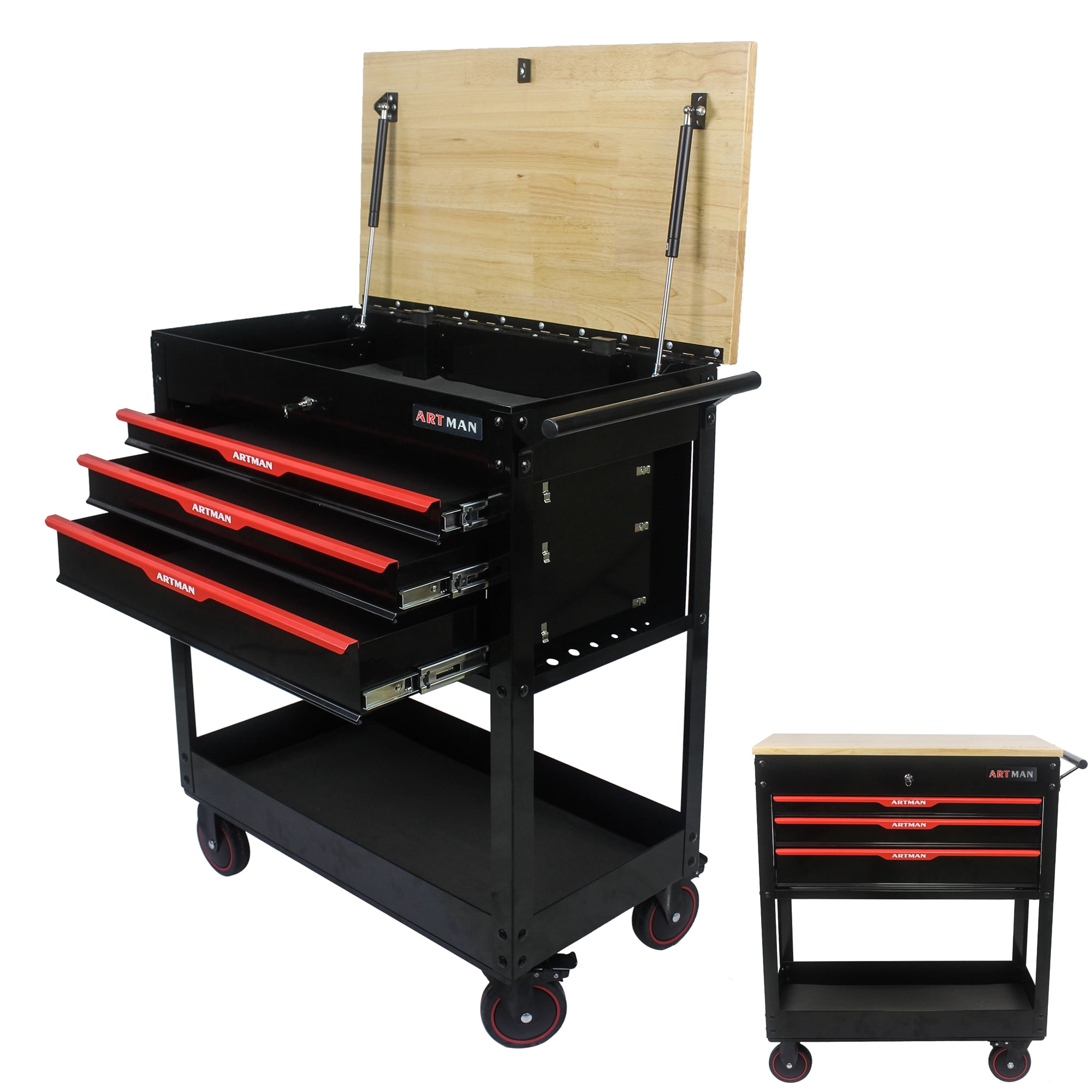 Campfun 3 Drawers Rolling Tool Cart, Utility Tool Box with Wheels Wood Top Mechanic Tool Storage ...