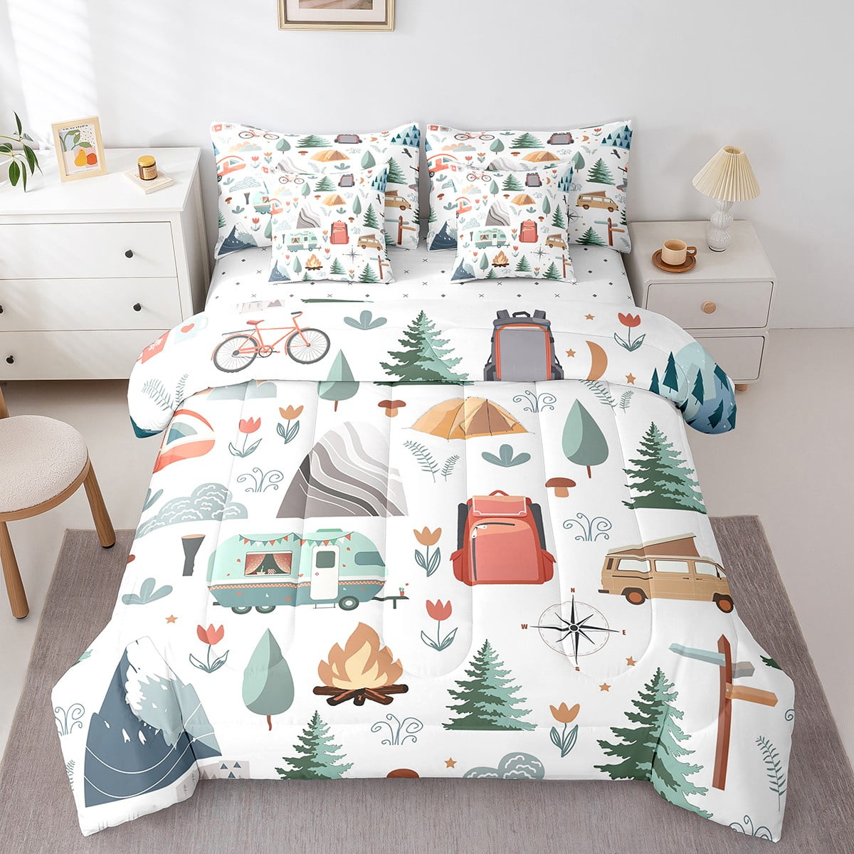 Camping 7Pcs Comforter Set Twin,Cartoon Pine Tree Bedding Set Teens ...