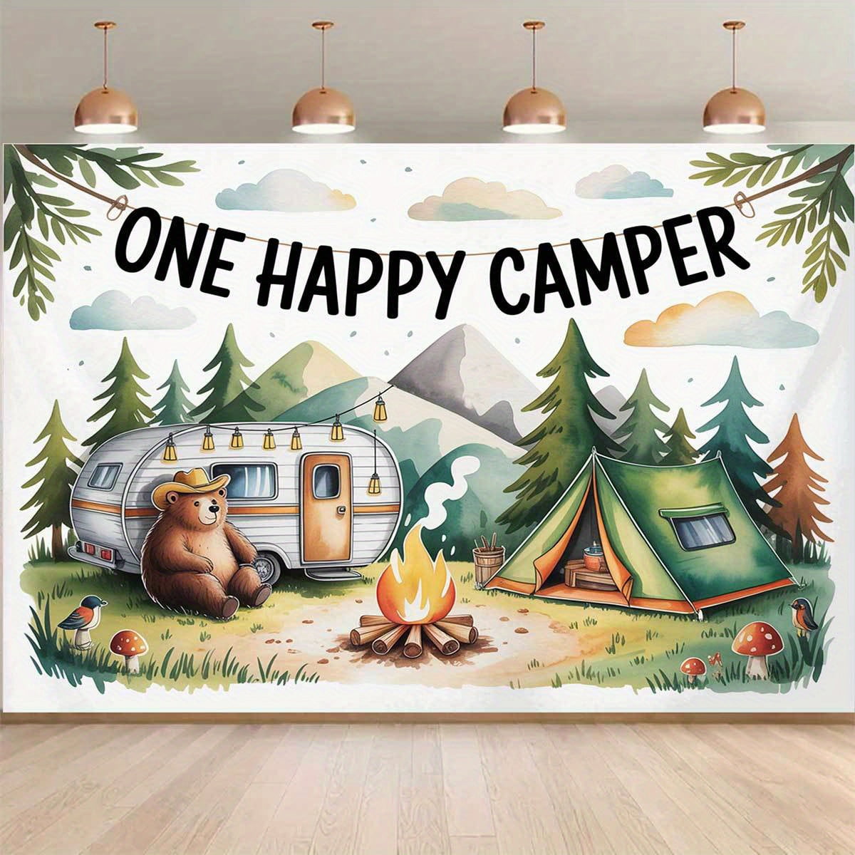 Camping Baby Shower Backdrop One Happy Camper 1st Birthday Photography ...