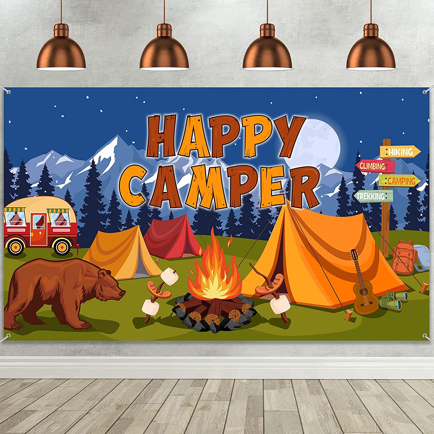 Camping Backdrop Camper Party Decoration Happy Camper Banner Campfire ...