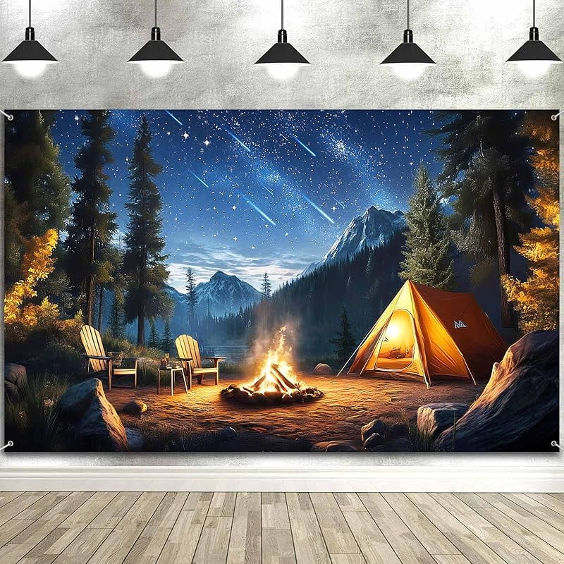 Camping Backdrop Enchanted Forest Mountain Tent Camp Meteor Campfire ...