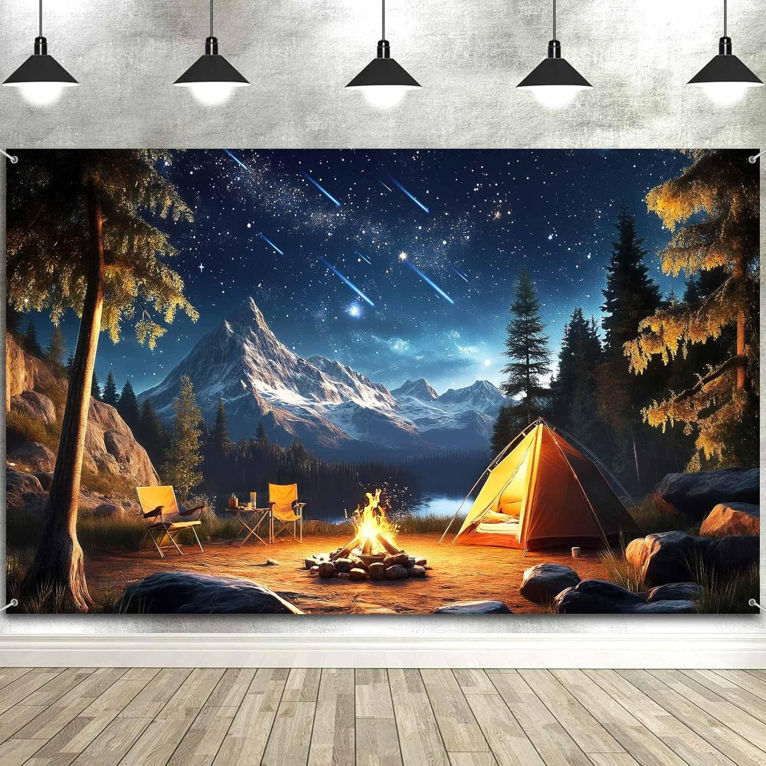Camping Backdrop Enchanted Forest Mountain Tent Camp Meteor Campfire ...
