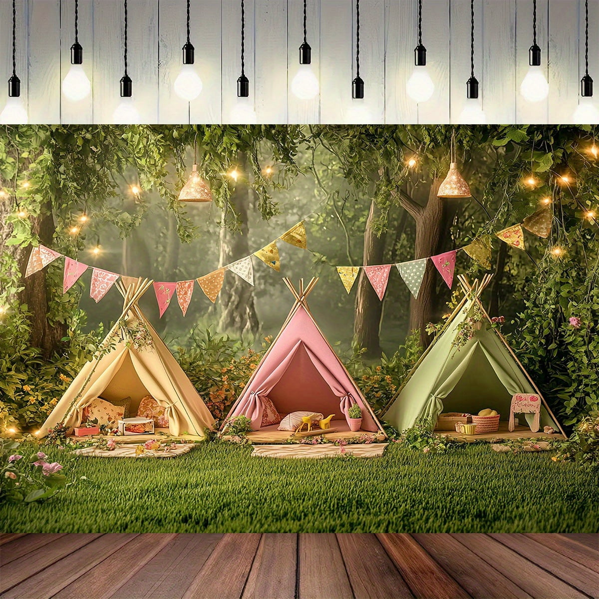 Camping Backdrop Enchanted Forest Teepee Tents Baby Shower Photography ...