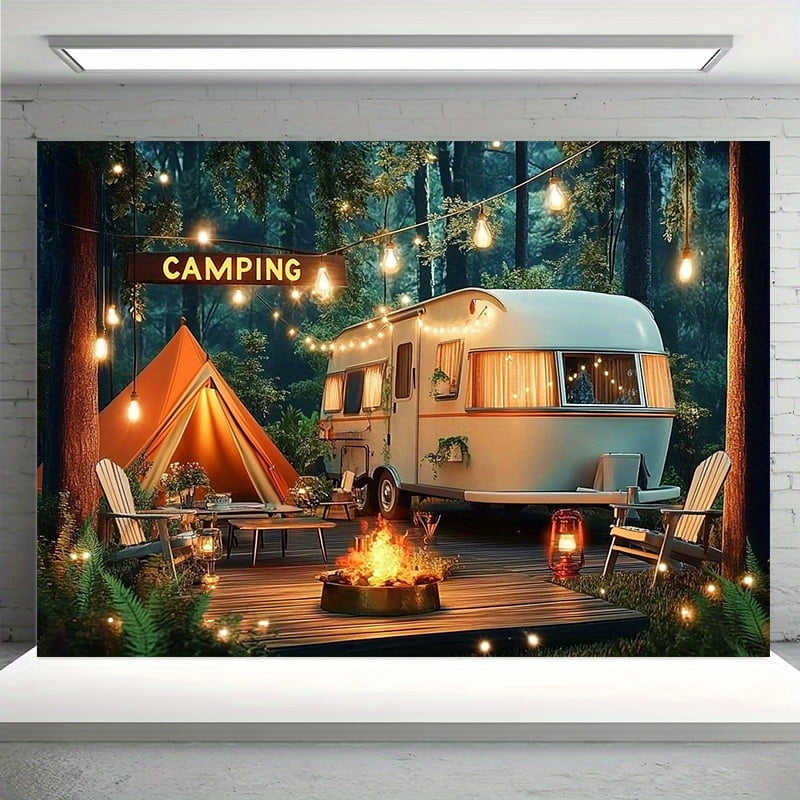 Camping Backdrop Forest Night Scene Campfire Camp Tent Car Birthday ...
