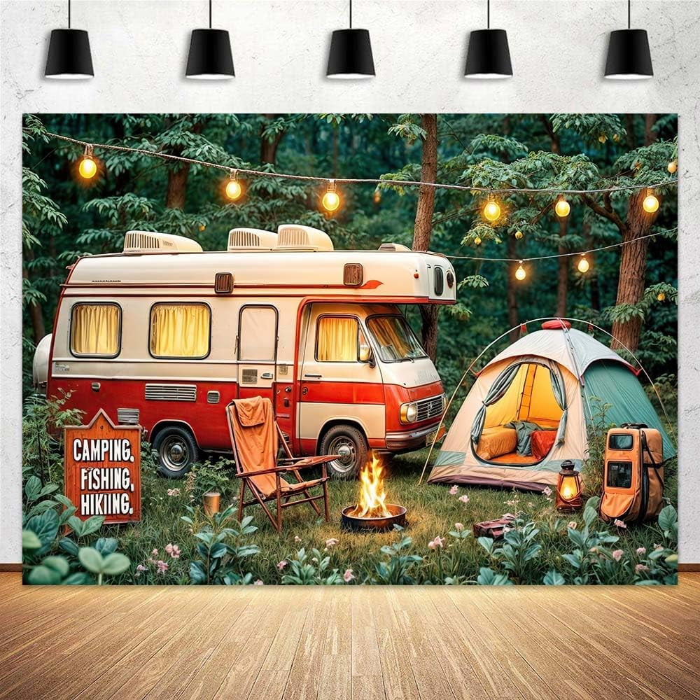 Camping Backdrop Forest Scene Campfire Camper Tent Theme Party ...