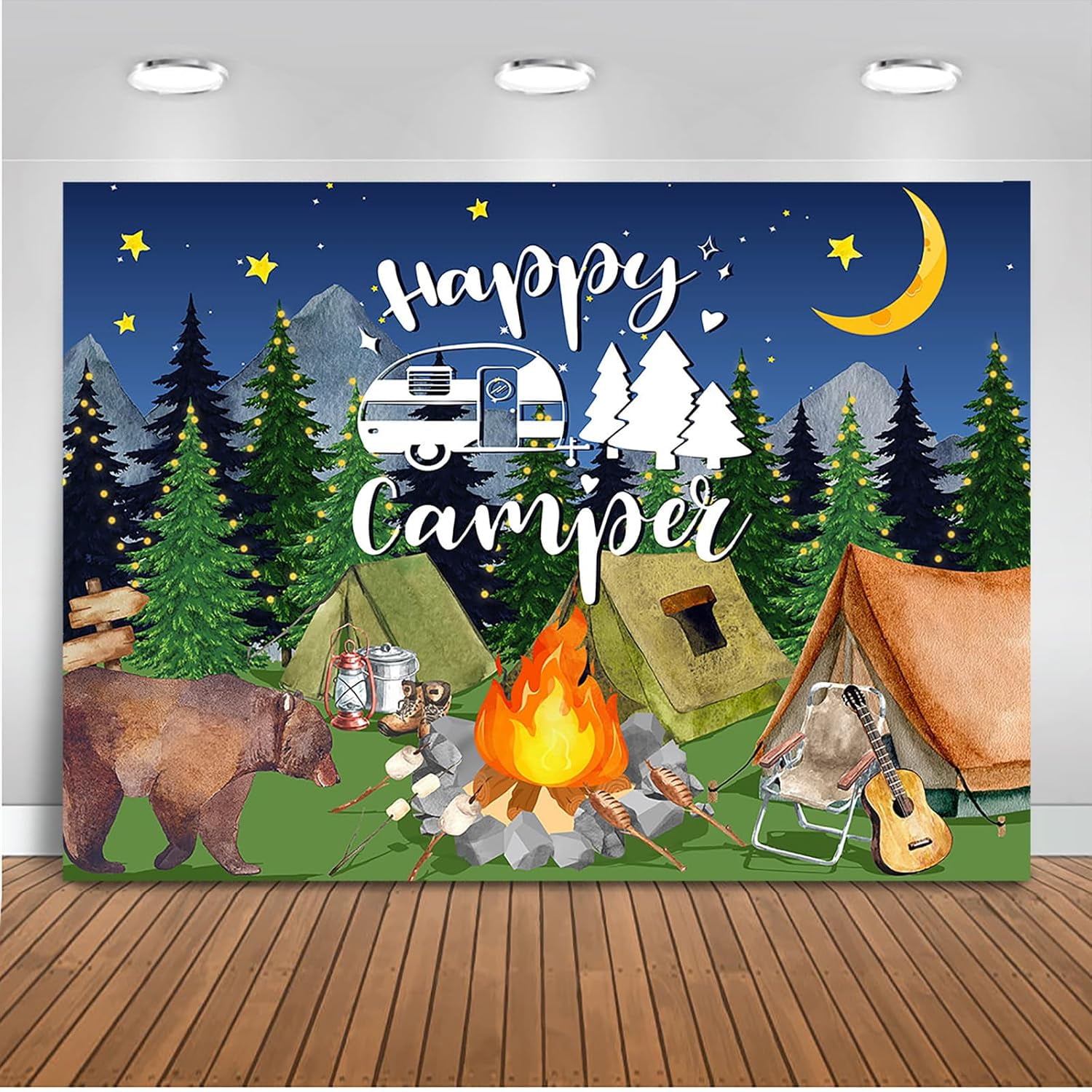 Camping Backdrop Happy Camper Camping Themed Party Decorations Campfire ...