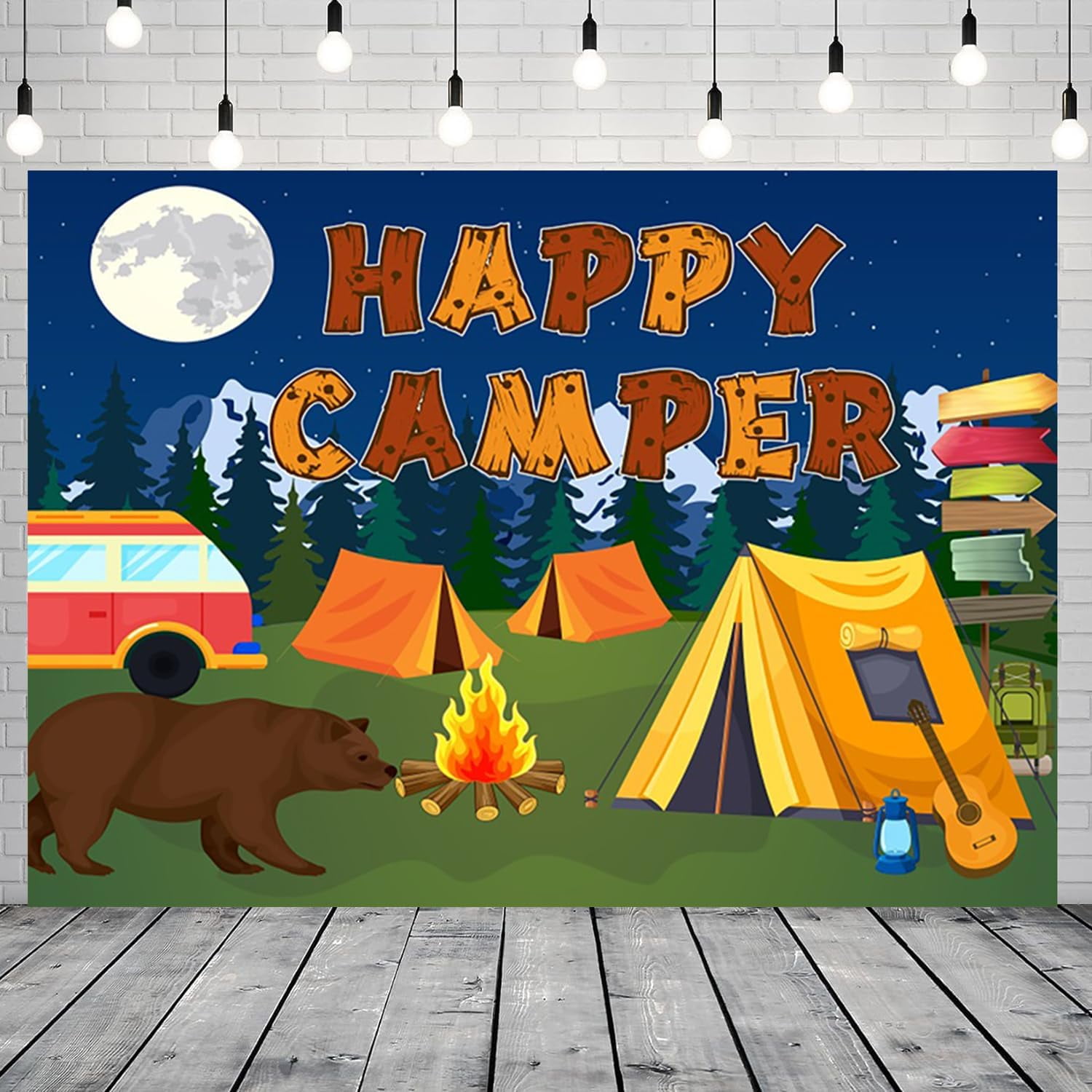 Camping Backdrop Happy Camper Cartoon Tents Campfire Jungle Animals ...