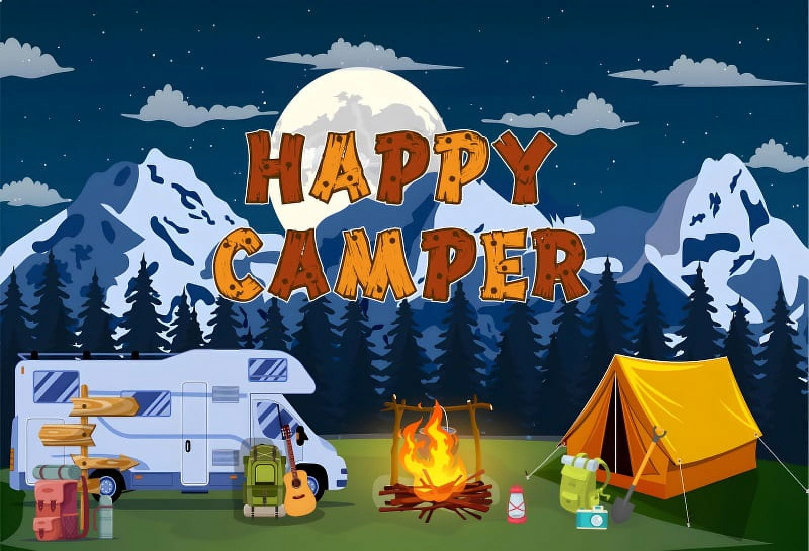 Camping Backdrop Happy Camper Party Campfire Forest Adventure Kids Baby ...