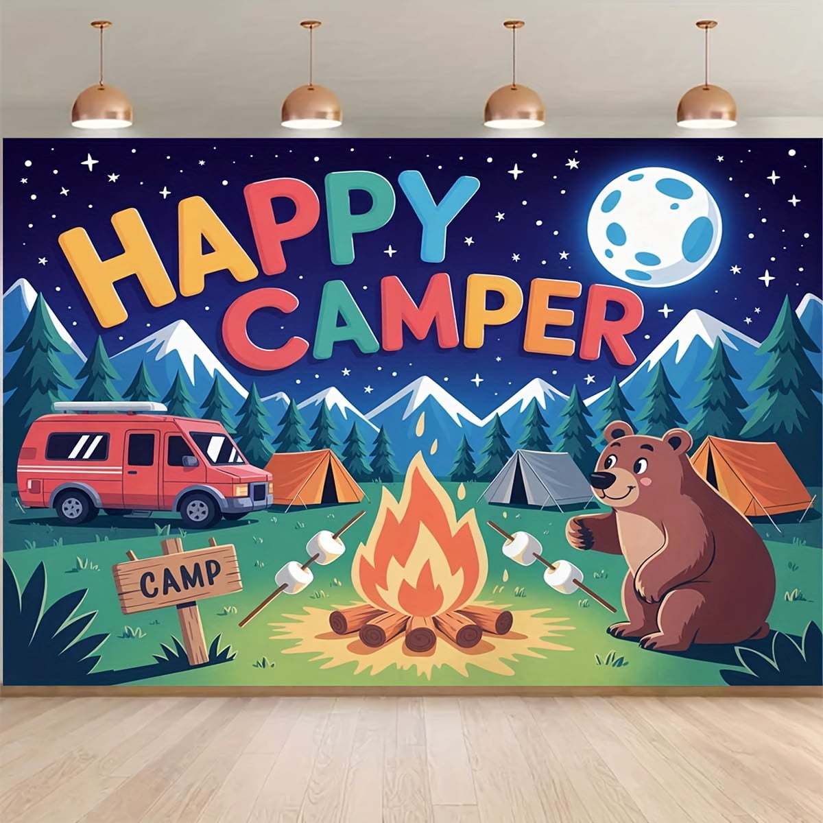 Camping Backdrop Night Forest Camping Adventure Happy Camper ...