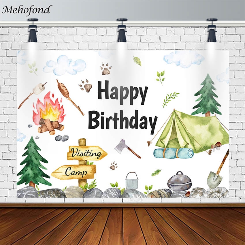 Camping Backdrops Happy Birthday Party Boy Barbecue Flame Hunting Paw ...
