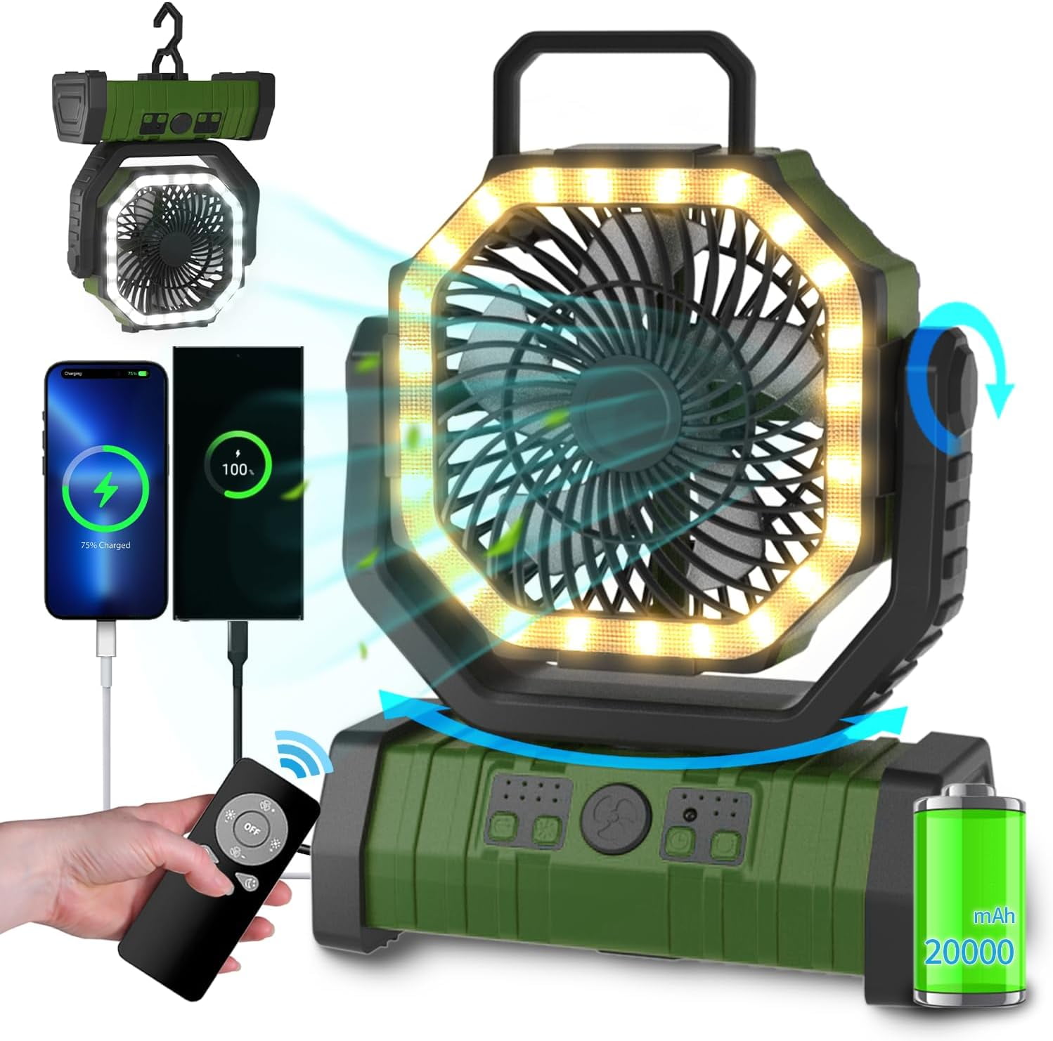 Camping Battery Powered Fan with LED Light 20000mAh Rechargeable ...