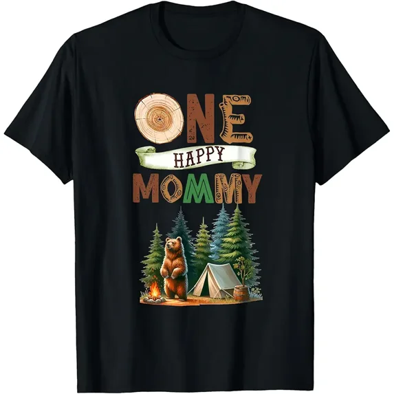 Camping Bear Forest Graphic One Happy Mommy Women Short Sleeve Casual T ...