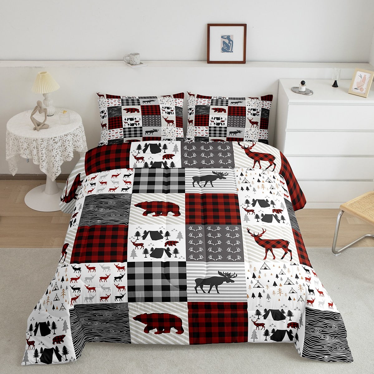 Camping Bedding Set Bear Elk Deer Hunting Quilt,Red Geometry Checkered ...