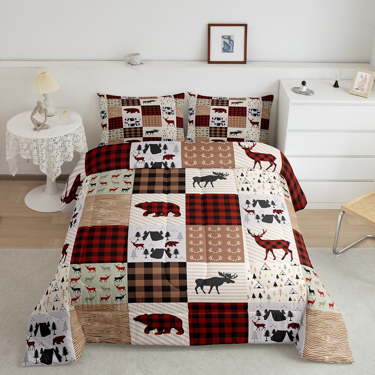 Camping Bedding Set Bear Elk Deer Hunting Quilt Red Geometry Checkered ...