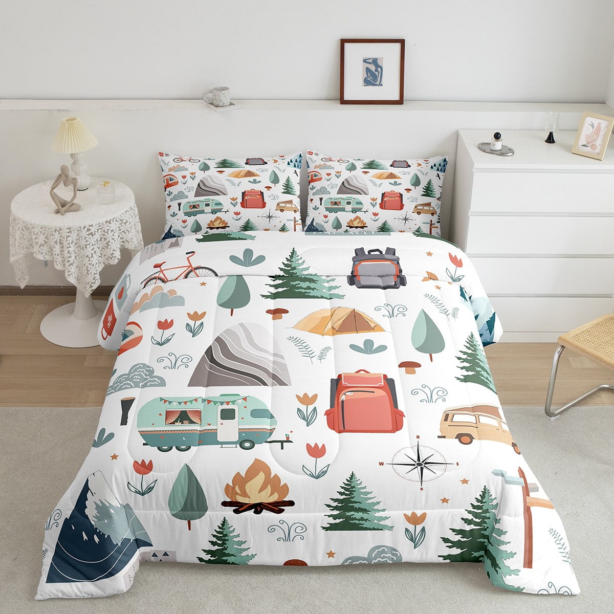 Camping Bedding Set Queen Size,Cartoon Pine Tree Comforter Set 3Pcs ...