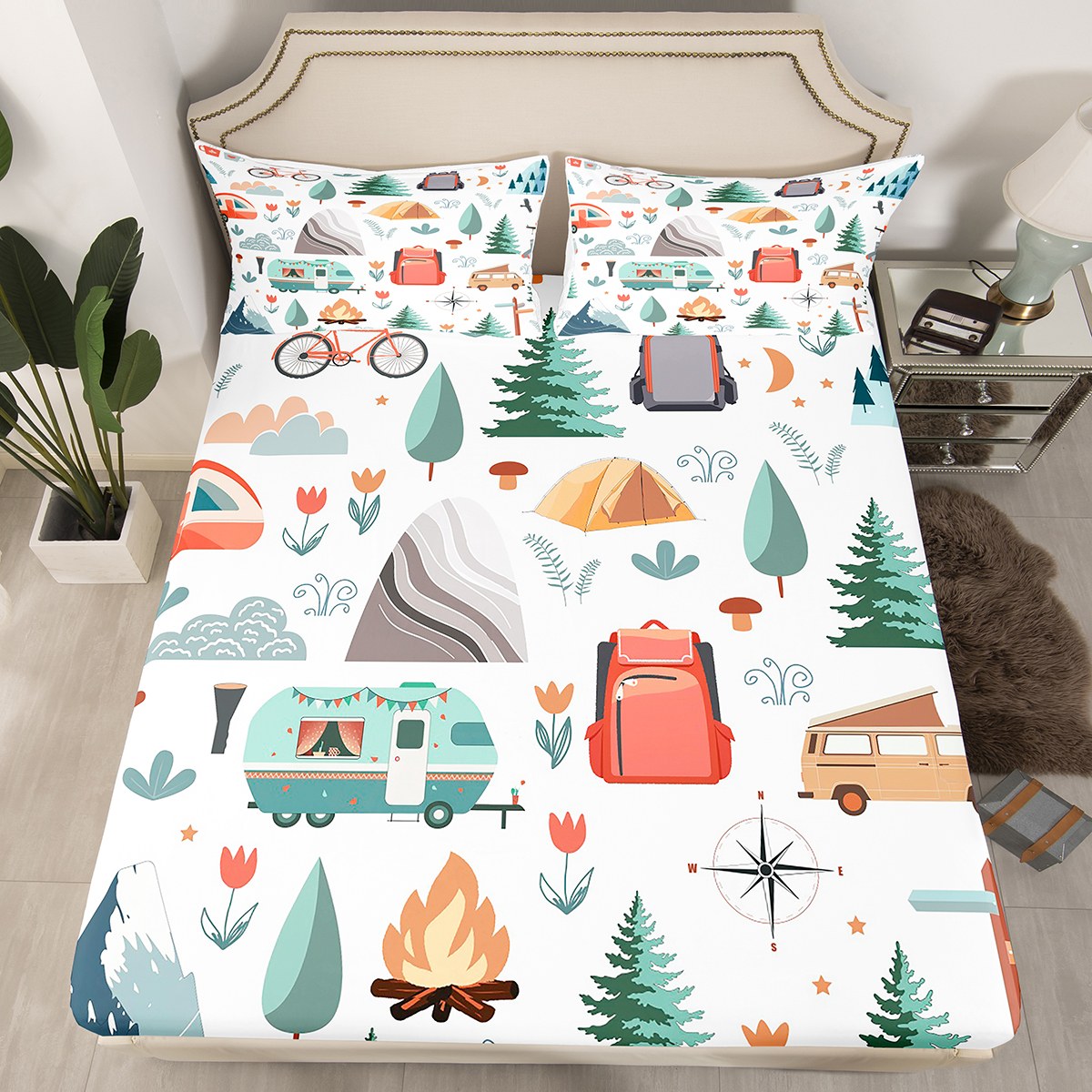 Camping Bedding Set Queen Size,Cartoon Pine Tree Fitted Sheet 3Pcs ...