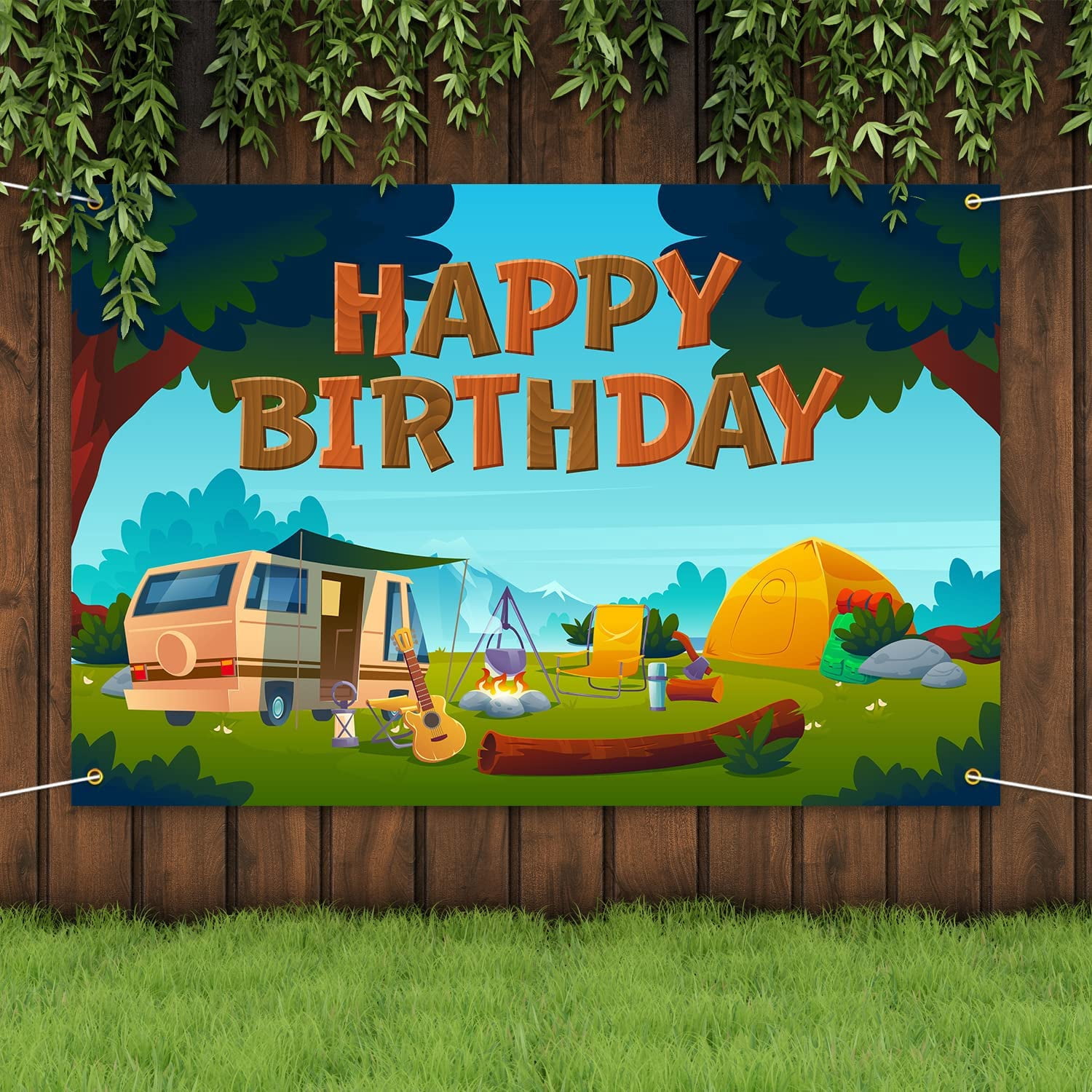 Camping Birthday Backdrop Banner Decorations Happy Camper Tent Themed ...