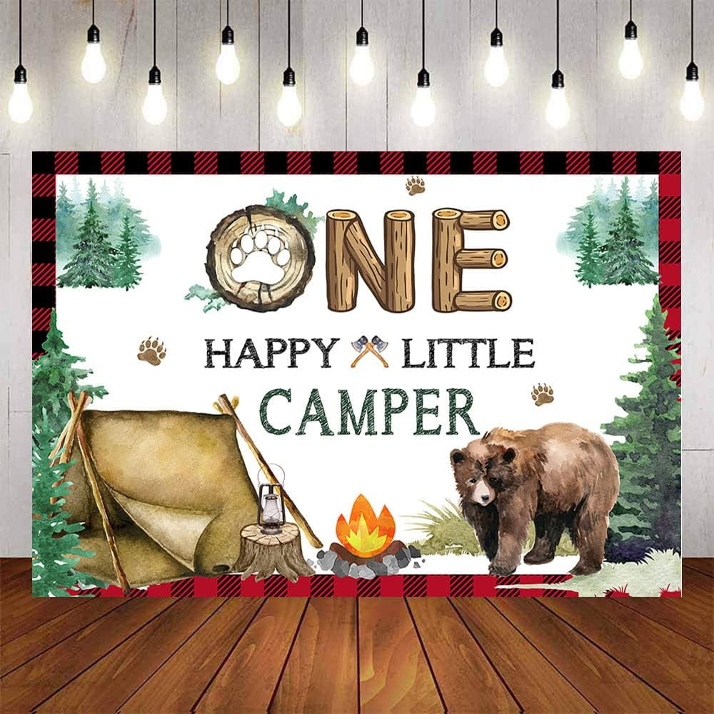 Camping Birthday Backdrop One Happy Camper Lumberjack Woodland Bear ...