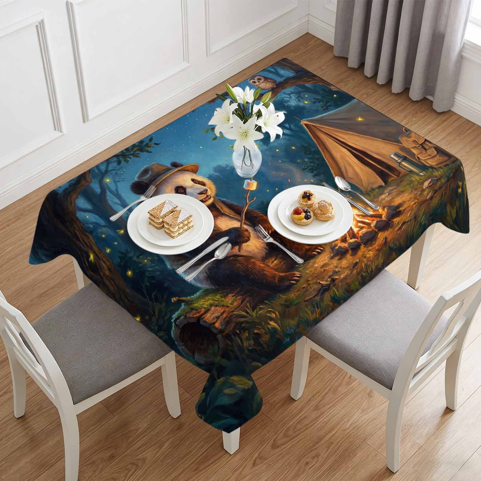 Camping Bonfire Panda Table Cloth 60x84in, Waterproof Rectangle ...