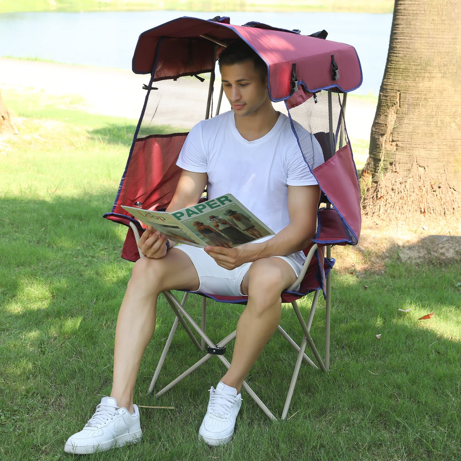 Camping Brothers Chair with Canopy - Folding Patio Chair with Sun Shade ...