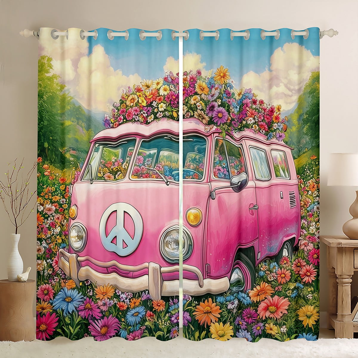 Camping Bus Window Curtain,Peace Sign Theme Window Treatment Curtain ...