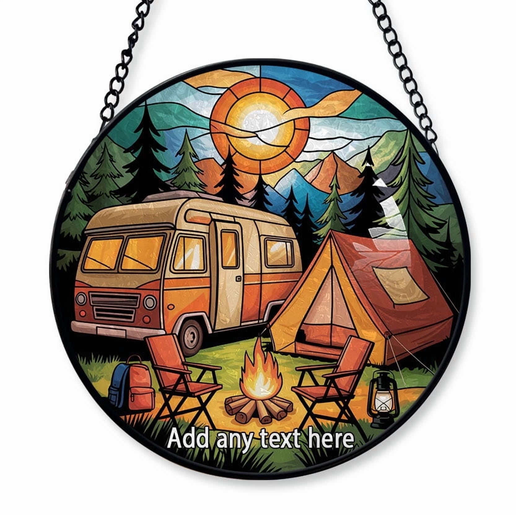 Camping with Camper Van & Campfire Stained Glass Suncatcher Window ...