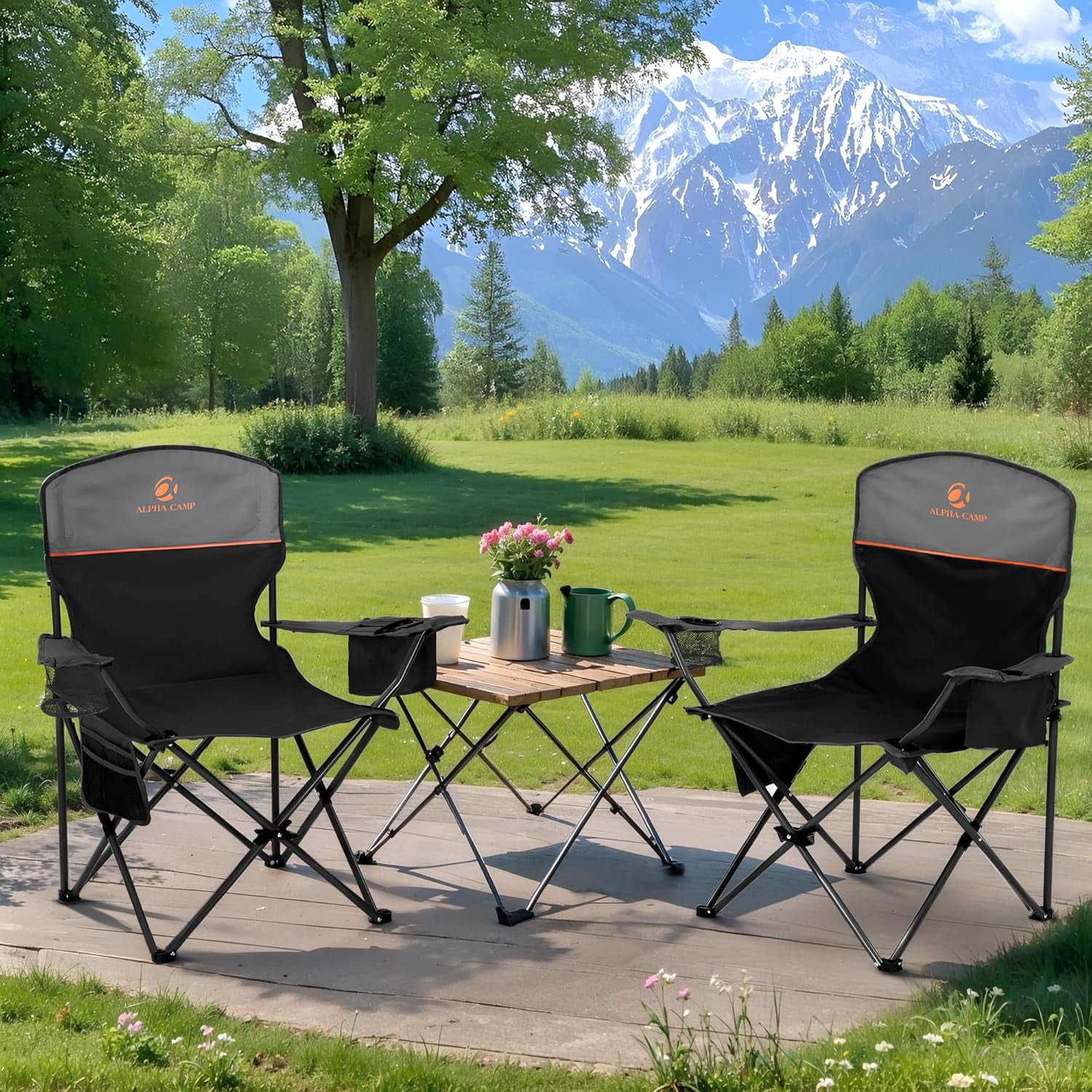 Camping Chair 2 Pack Folding Chair with 3-Can Cooler Bag Portable Lawn ...