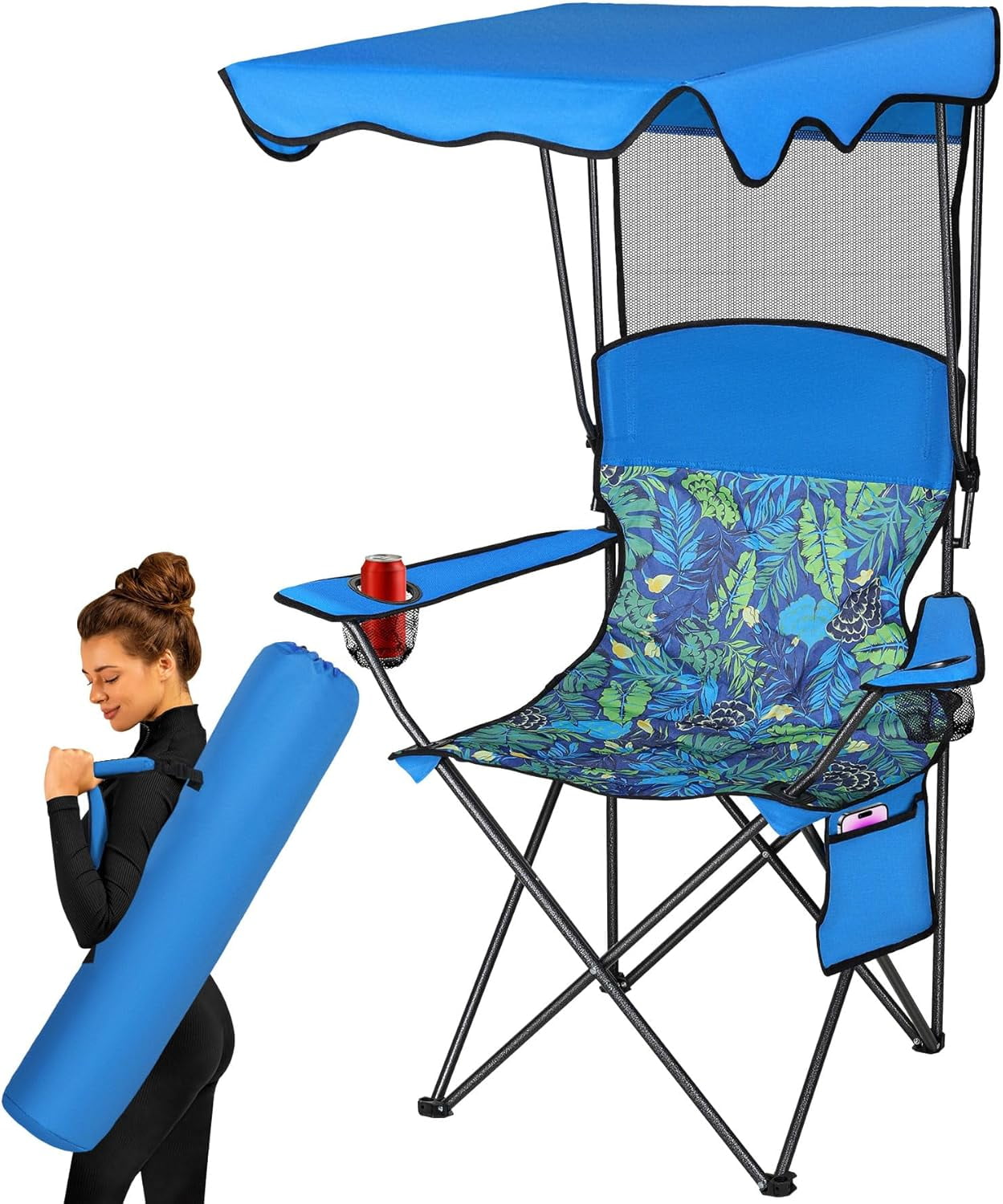 Camping Chair with Canopy, Chair with Cup Holders, Portable Camping ...