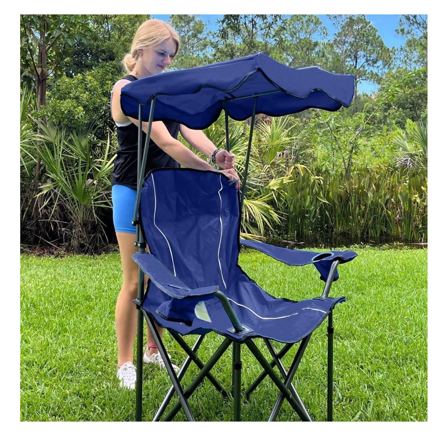 Camping Chair with Shade Canopy, Folding Recliner for Beach & Outdoors ...