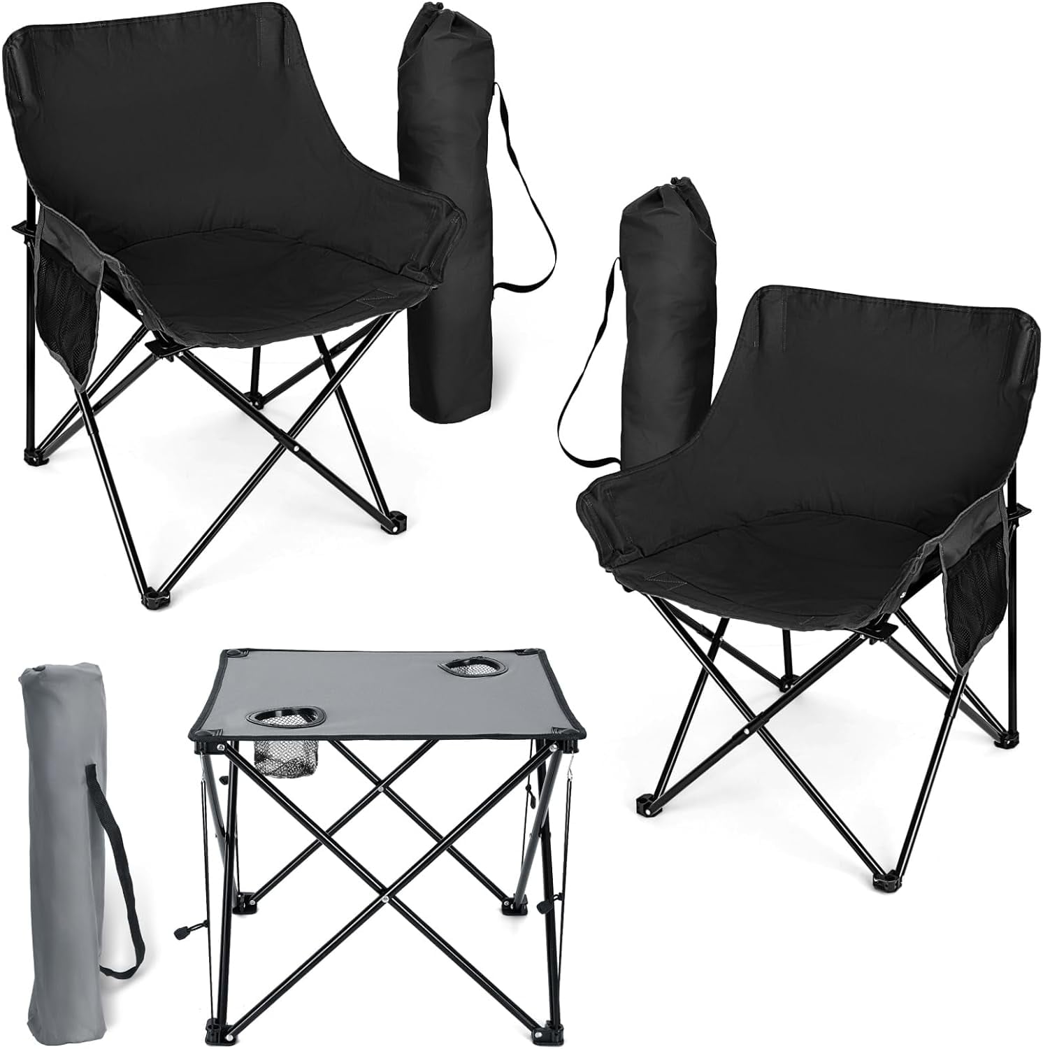 Camping Chairs Set for Adults, 2 Black Folding Moon Chairs & 1 ...