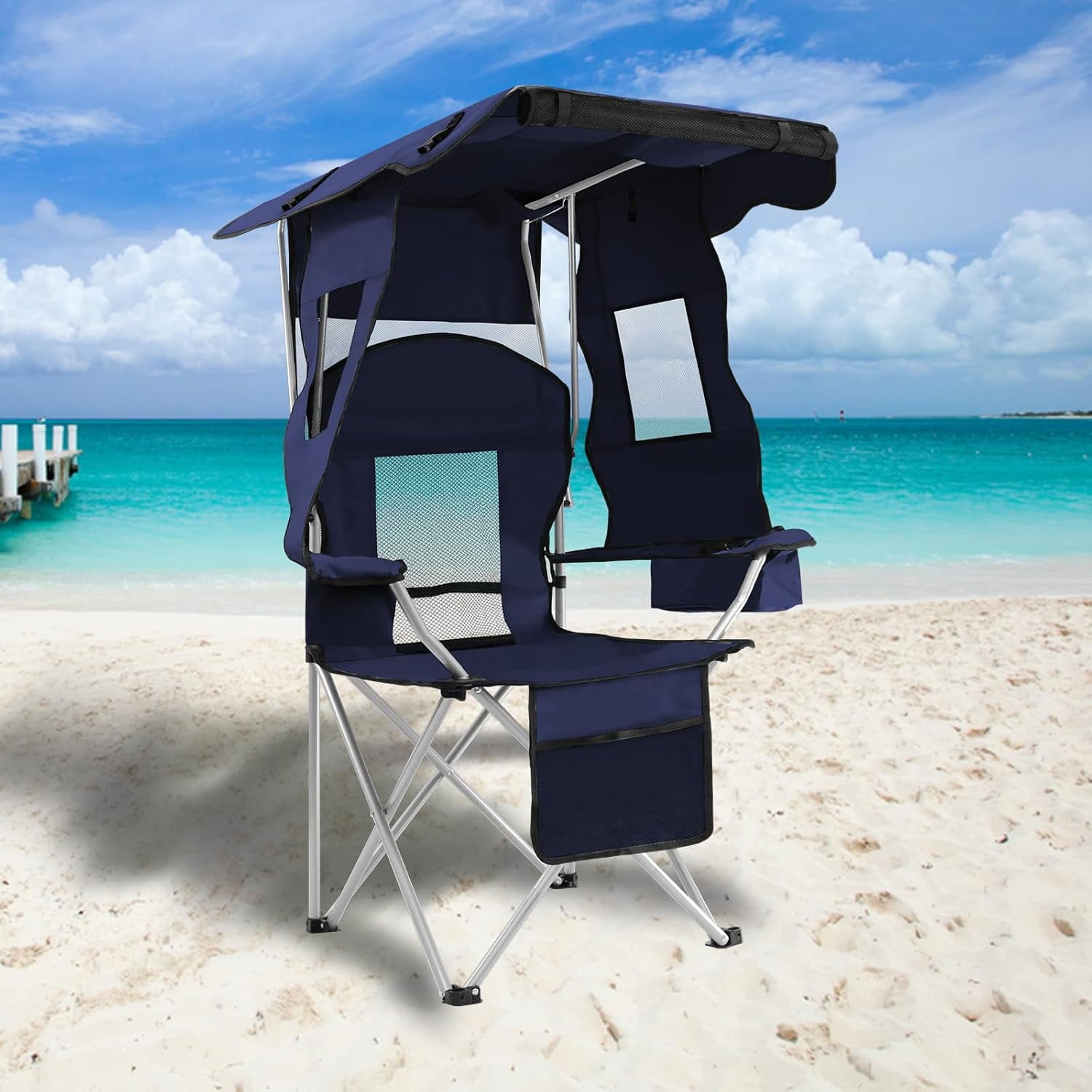 Camping Chairs with Canopy, Portable Quad Lawn Chair for Adults, Folding Recliner Chair with Cup ...