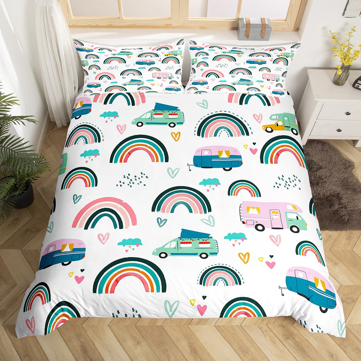 Camping Comforter Cover Rainbow Hand Drawn Camper Decor Duvet Cover ...