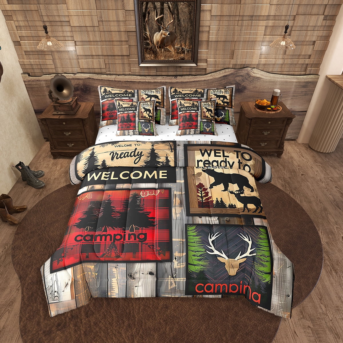 Camping Comforter Set 7 Piece Bed in a Bag Twin,Retro Lodge Cabin Sheet ...