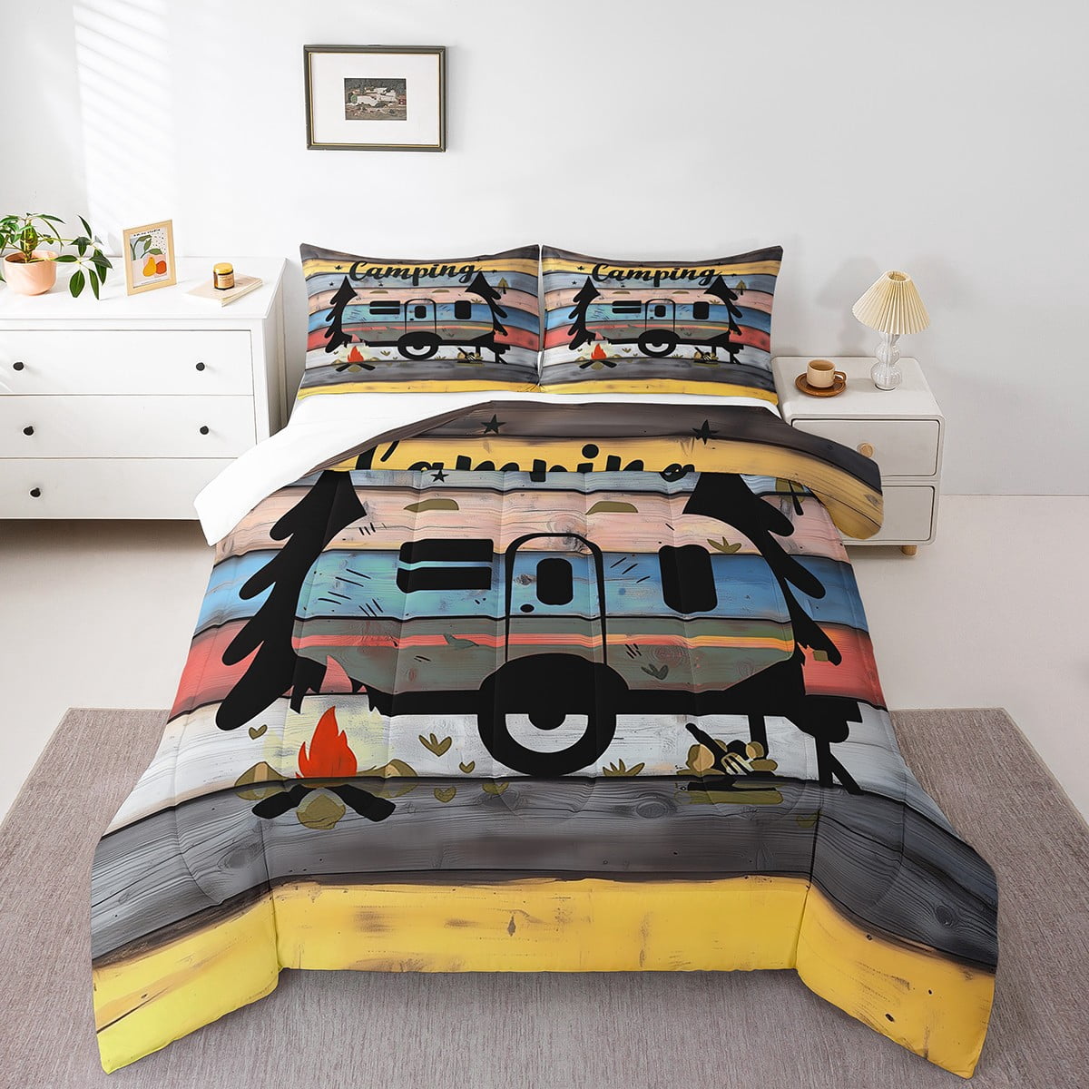 Camping Comforter Set Rustic Farmhouse Style Bedding Set,happy camping ...