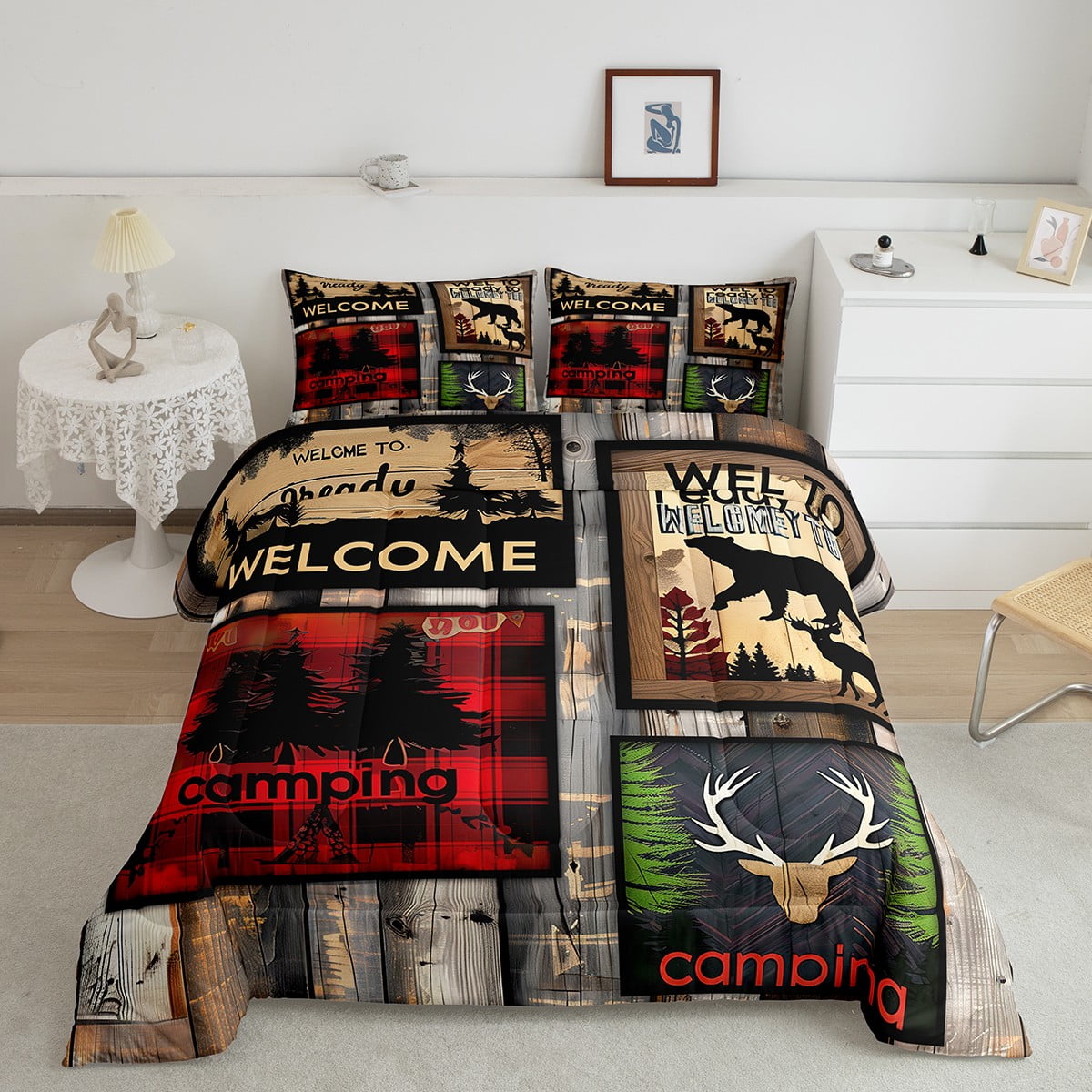 Camping Comforter Set Retro Lodge Cabin Quilt Bed Set,Woodland Elk Deer ...