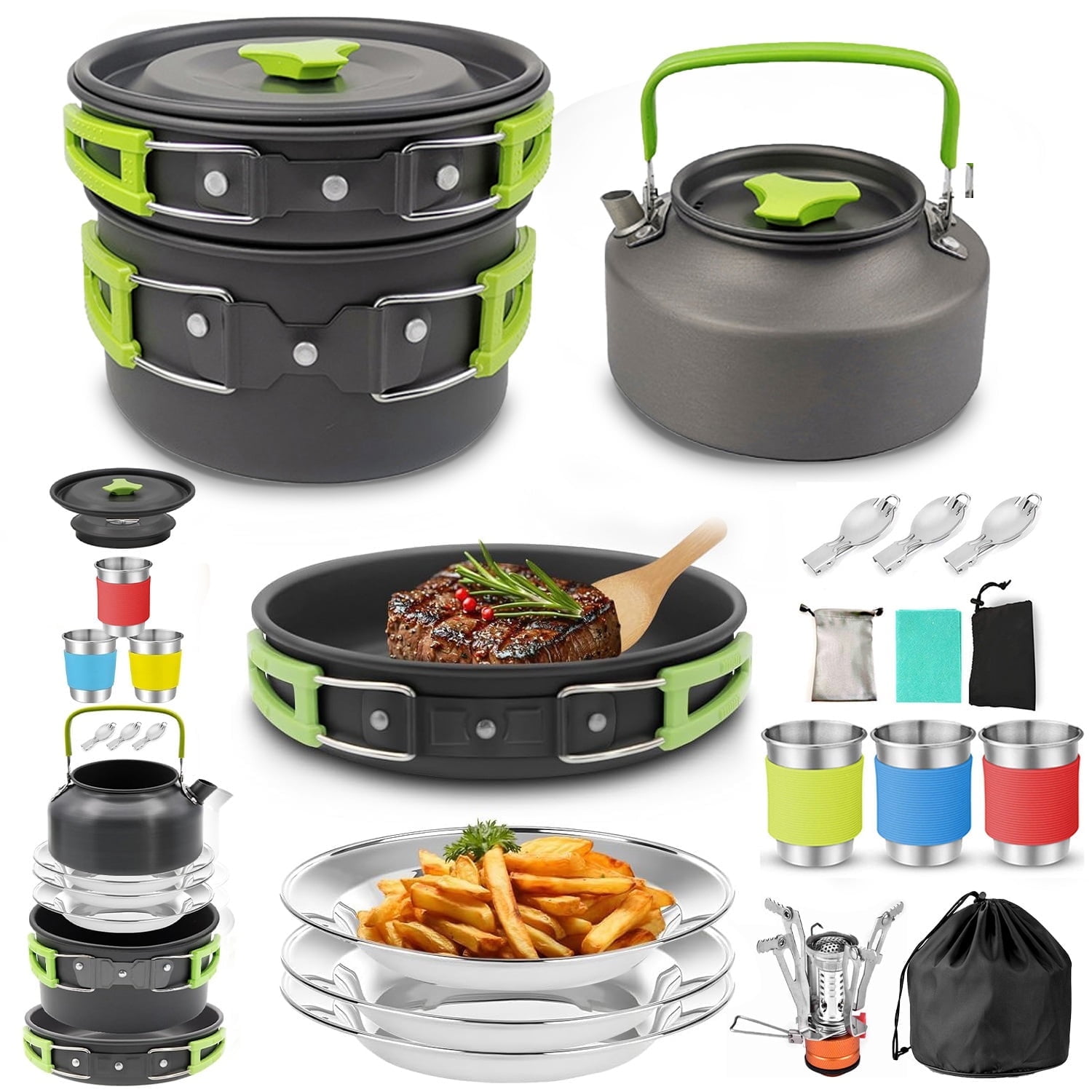 Ldyso 15pcs Portable Camping Cookware Set, Non-stick Pot Pan Teapot ...
