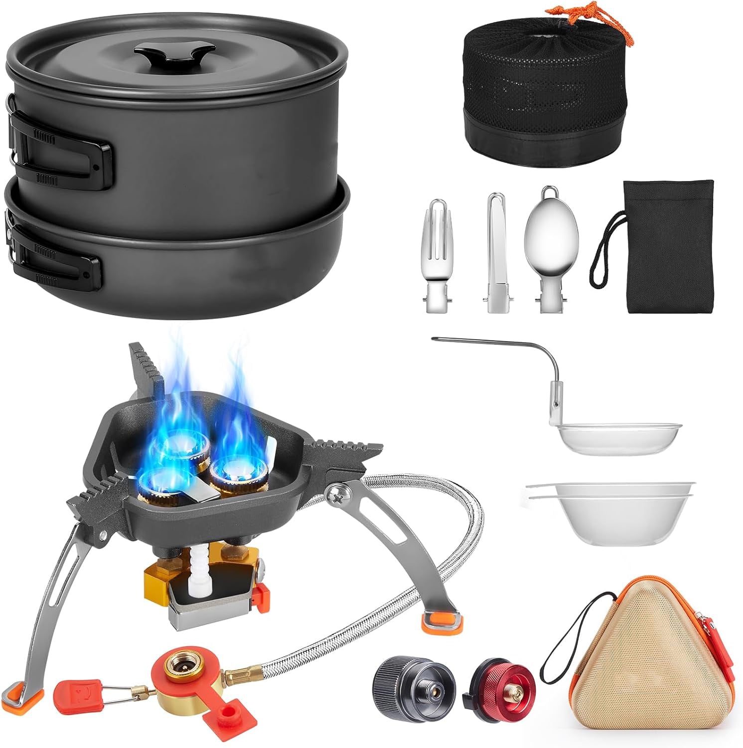 Camping Cookware Mess Kit with Camping Stove, Non-Stick Camping Pot Pan ...